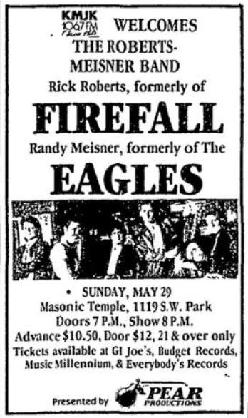Roberts-Meisner Band, Masonic Temple, Portland, OR, May 29, 1988