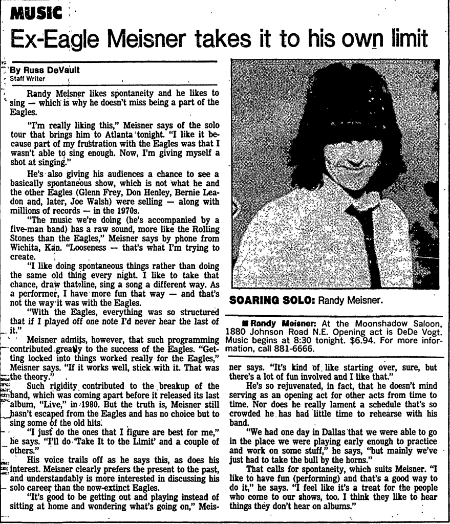 Randy Meisner, Moonshadow Saloon, December 15, 1982 - Randy Meisner: A ...