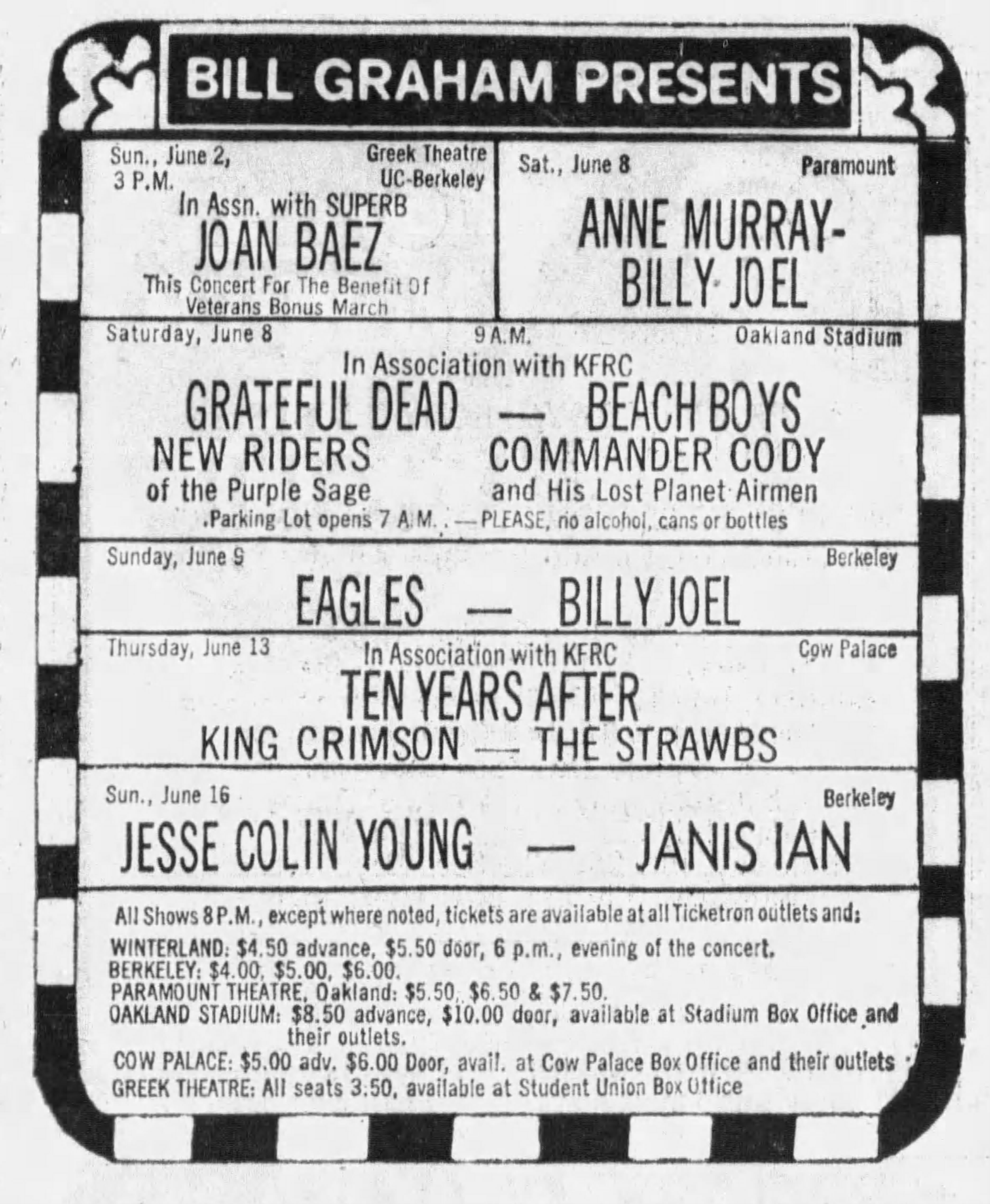 Eagles: Berkeley Community Theater, June 9, 1974