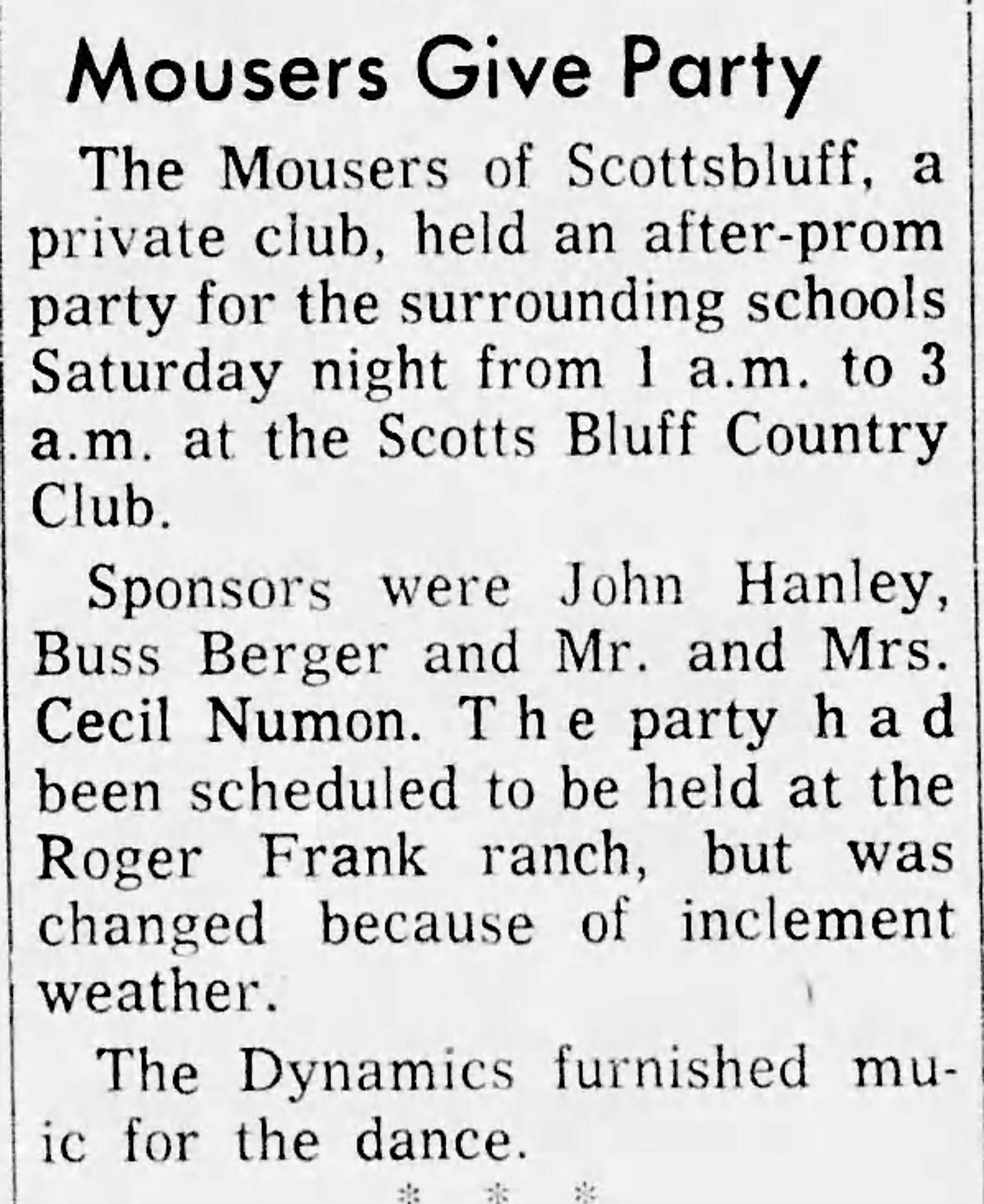 The Dynamics – Scotts Bluff Country Club, May 8, 1965