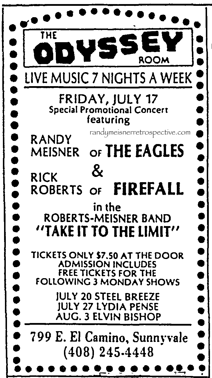 Roberts-Meisner Band, The Odyssey Room, Sunnyvale, CA, July 17, 1987