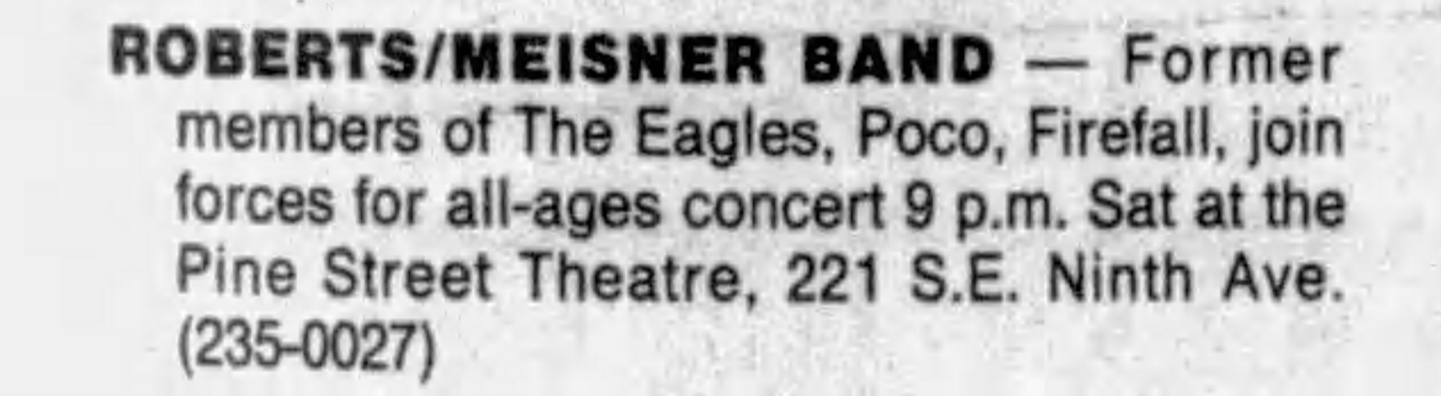 Roberts-Meisner Band – Pine Street Theater, Portland, OR, March 4, 1989